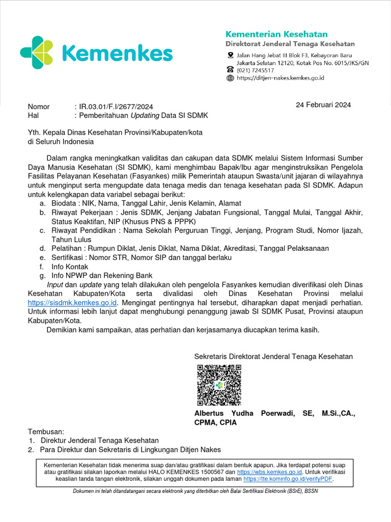 Pemberitahuan Updating Data SISDMK | PDF