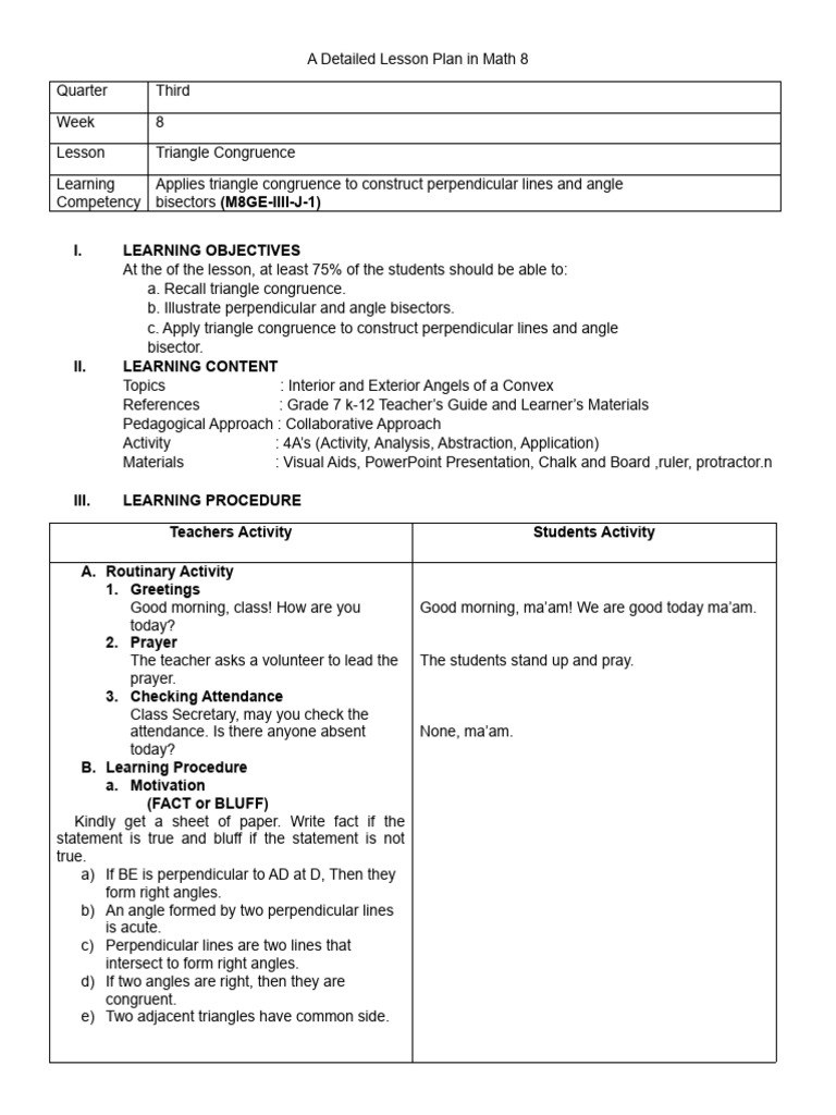 A Detailed Lesson Plan in Math 7 | PDF | Polygon | Triangle