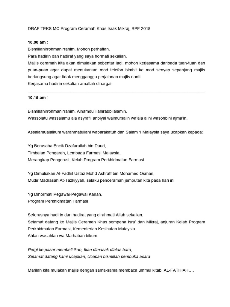 TEKS MC Program Ceramah Israk Mikraj 2018 | PDF