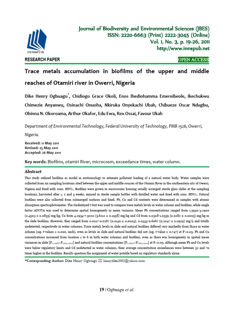 Trace metals accumulation in biofilms of the upper and middle reaches of Otamiri river in Owerri ...