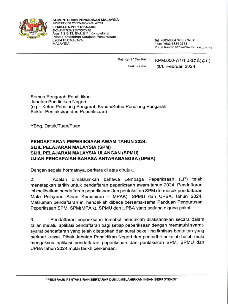 Surat Siaran Pendaftaran Peperiksaan Awam Tahun 2024 SPM Spmu Upba | PDF