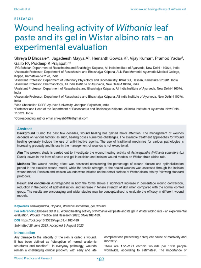 Wound Healing Activity of Withania Leaf | PDF | Wound | Ayurveda