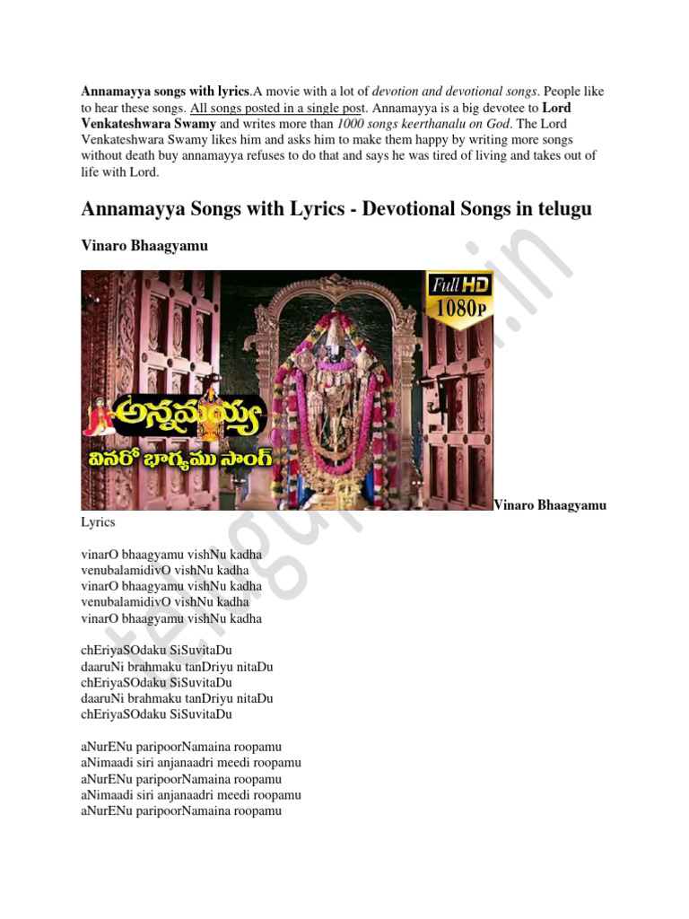 Annamayya Songs With Lyrics PDF | PDF | Forms Of Vishnu | Hindu Gods