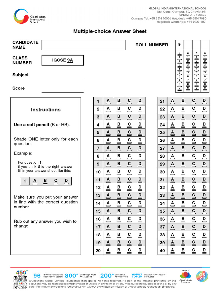 Multiple-Choice Answer Sheet For 9 IGCSE | PDF | Tests | Standardized Tests