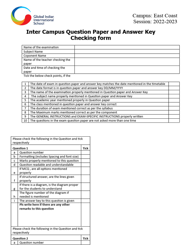 Exam Paper Review Checklist 2022-23 | PDF | Evaluation Methods | Evaluation