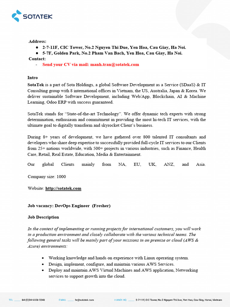 DevOps Engineer Fresher SOTATEK | PDF | Cloud Computing | Employment