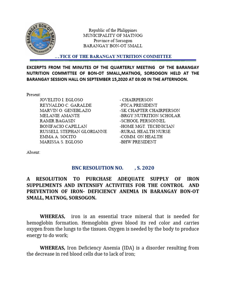 Office of The Barangay Nutrition Committee: BNC Resolution No., S. 2020 ...