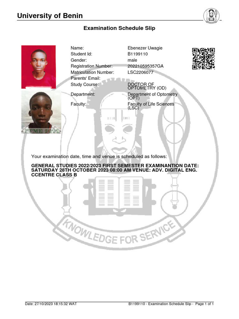 Examination Schedule Slip | PDF