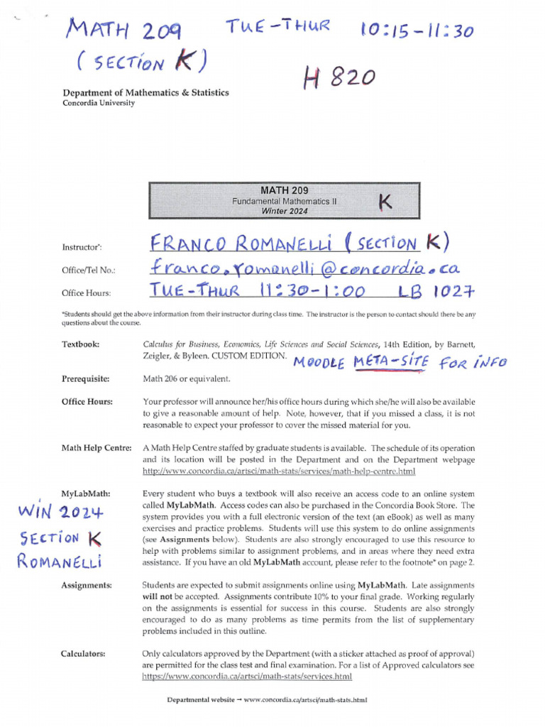 Course Outline Math 209 K Win 2024 Pdf