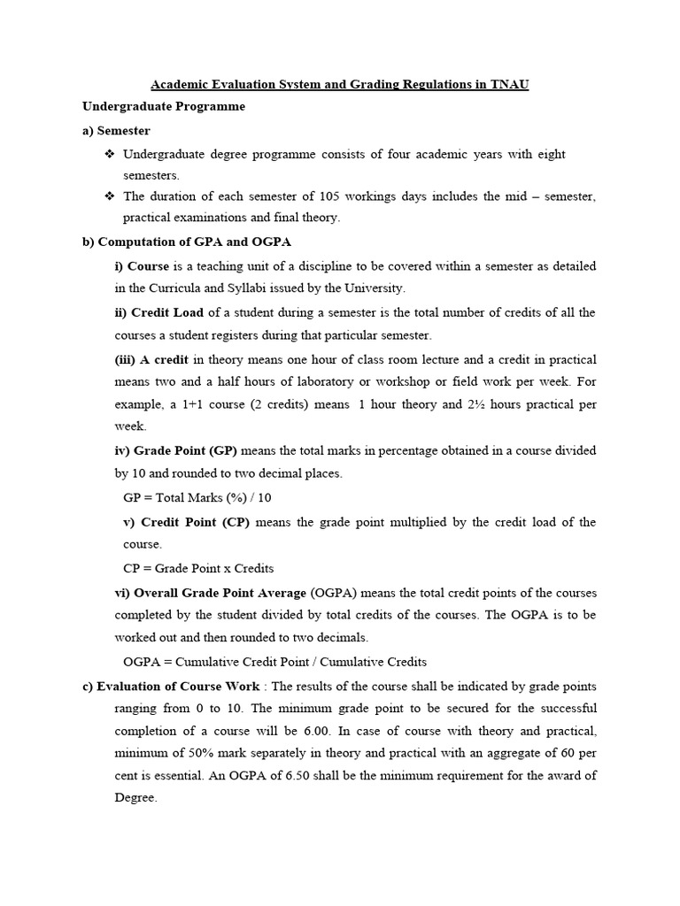 Academic Evaluvation System and Grading Regulation in TNAU | PDF ...