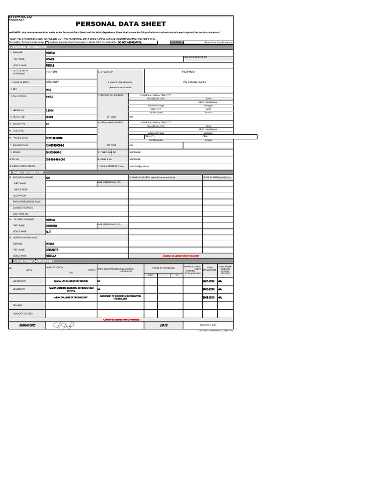 CS Form No. 212 Personal Data Sheet Revised | PDF | Crimes | Crime ...
