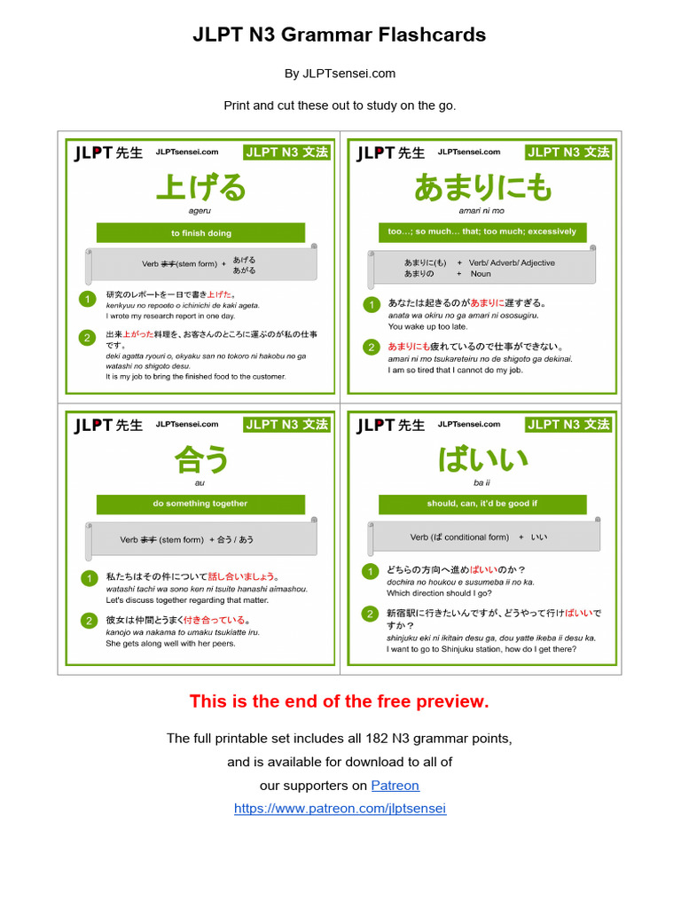 JLPT-N3-Grammar-List-Flashcards-printable-set-preview | PDF