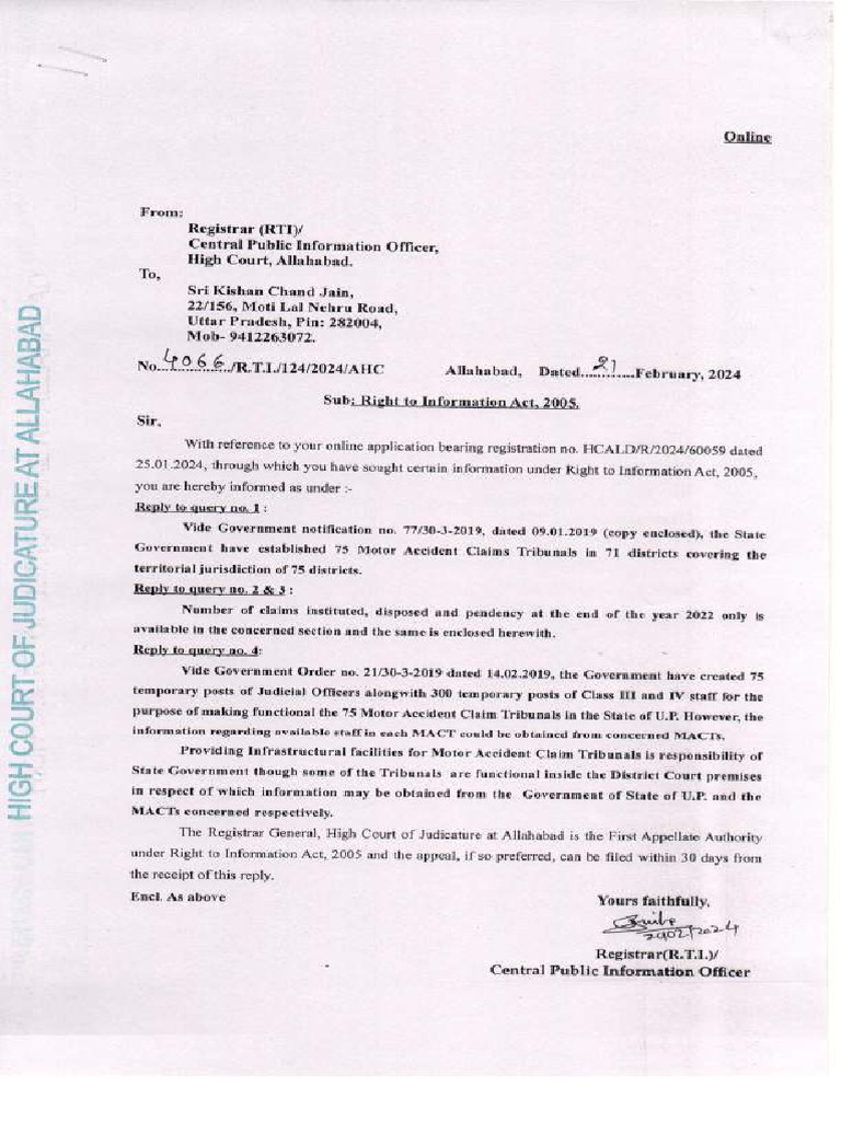RTI Regarding Motor Accidents Dt. 21.02.2024 | PDF