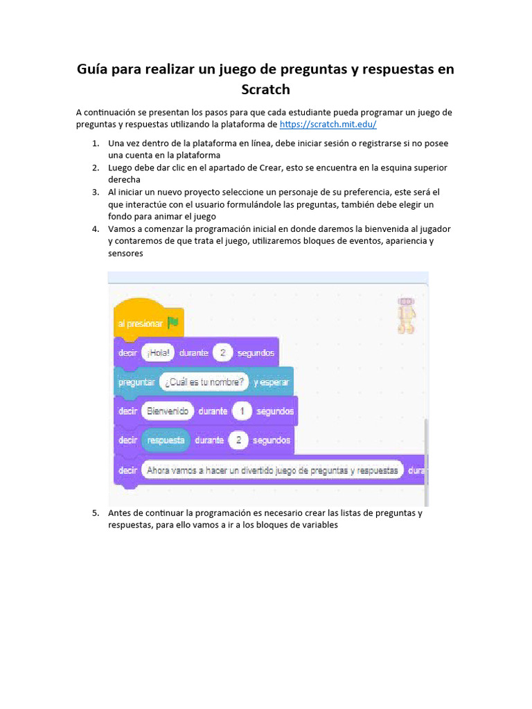 Guía para Realizar Un Juego de Preguntas y Respuestas en Scratch | PDF | Crecimiento personal y ...