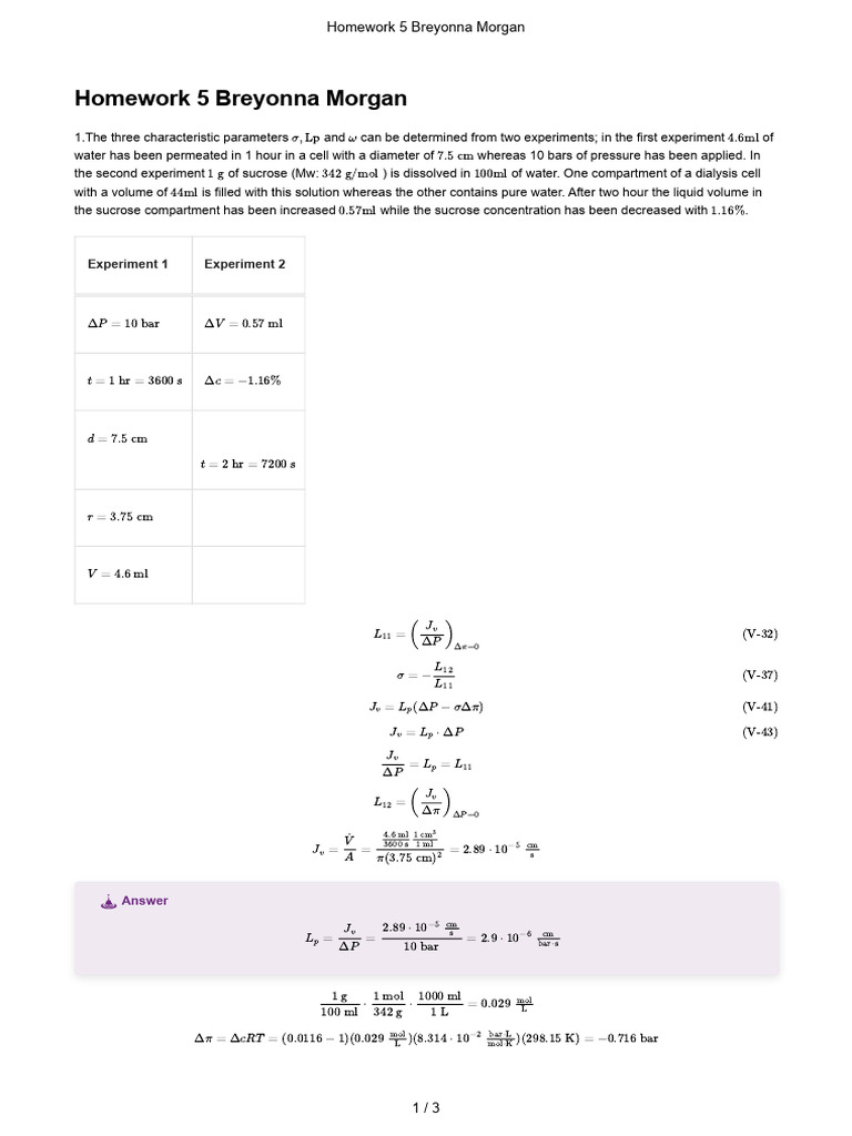Dialysis and Filtration Homework Analysis | PDF | Membrane | Physical Chemistry