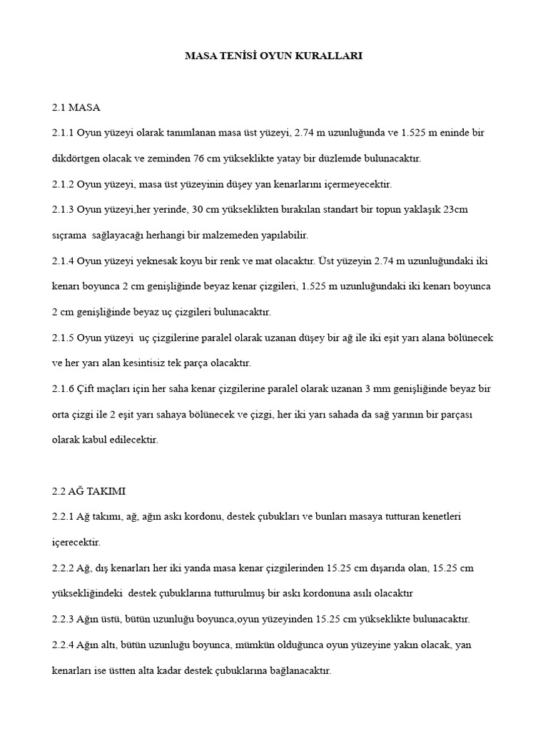 Masa Tenisi Oyun Kuralları | PDF