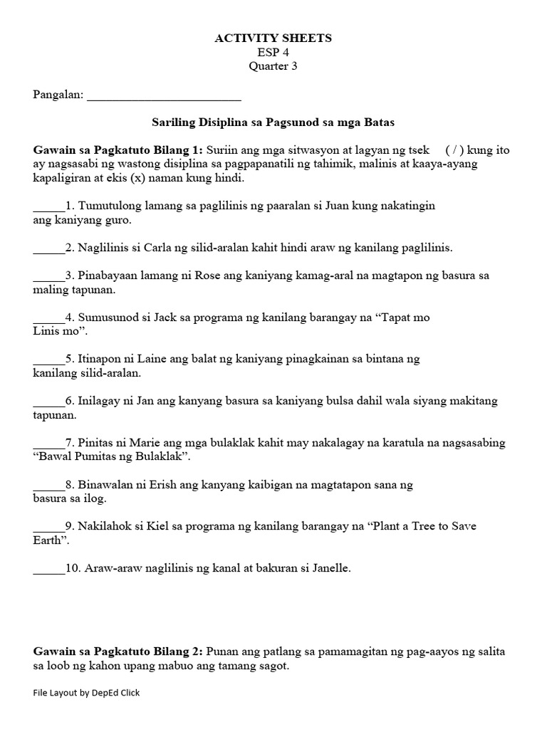 ESP 4 Activity Sheet Q3 W4 1 | PDF