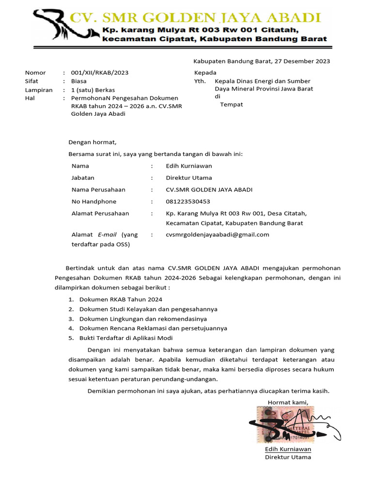 Surat Permohonan RKAB | PDF