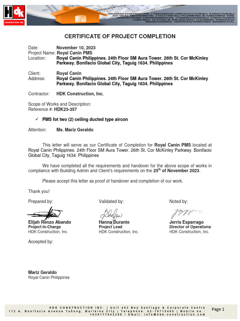 Royal Canin PMS HDKC Inc Certificate of Completion | PDF