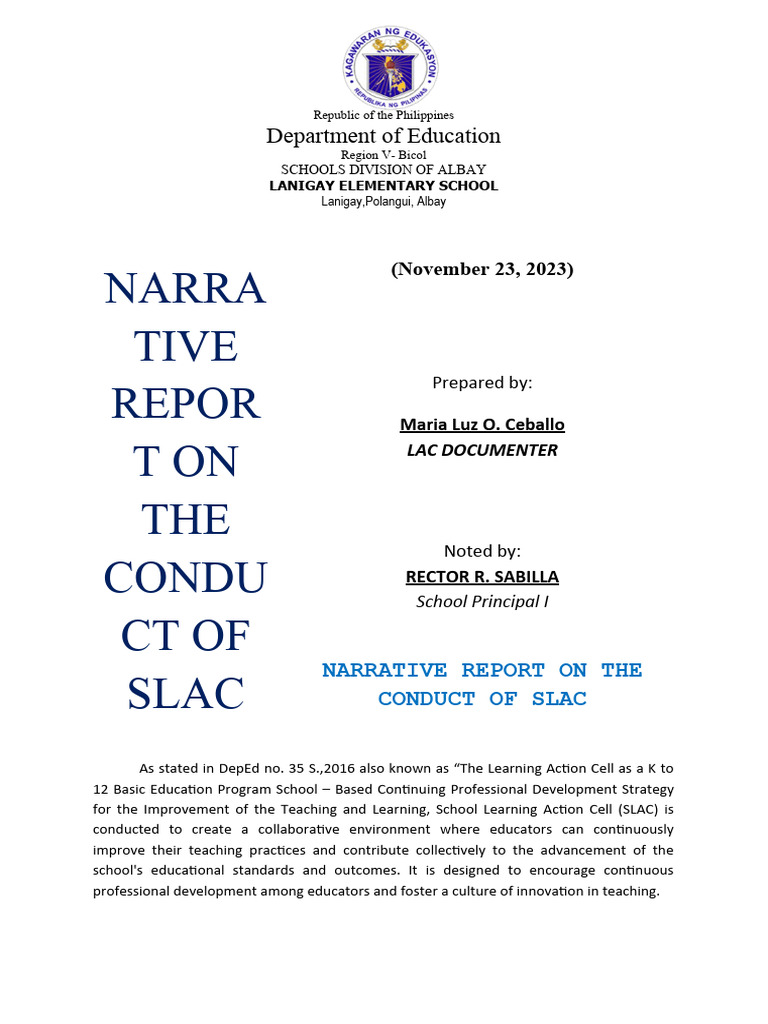 Narrative Report On The Conduct of Slac | PDF | Teachers | Cognitive ...