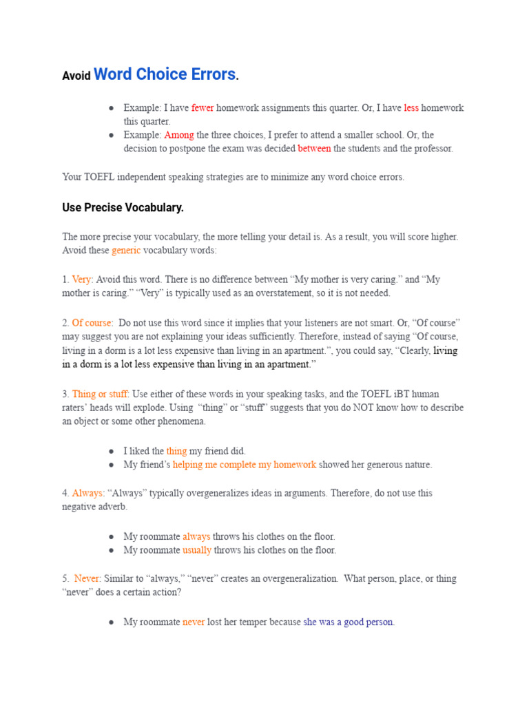 Avoid Word Choice Errors | PDF | Test Of English As A Foreign Language ...