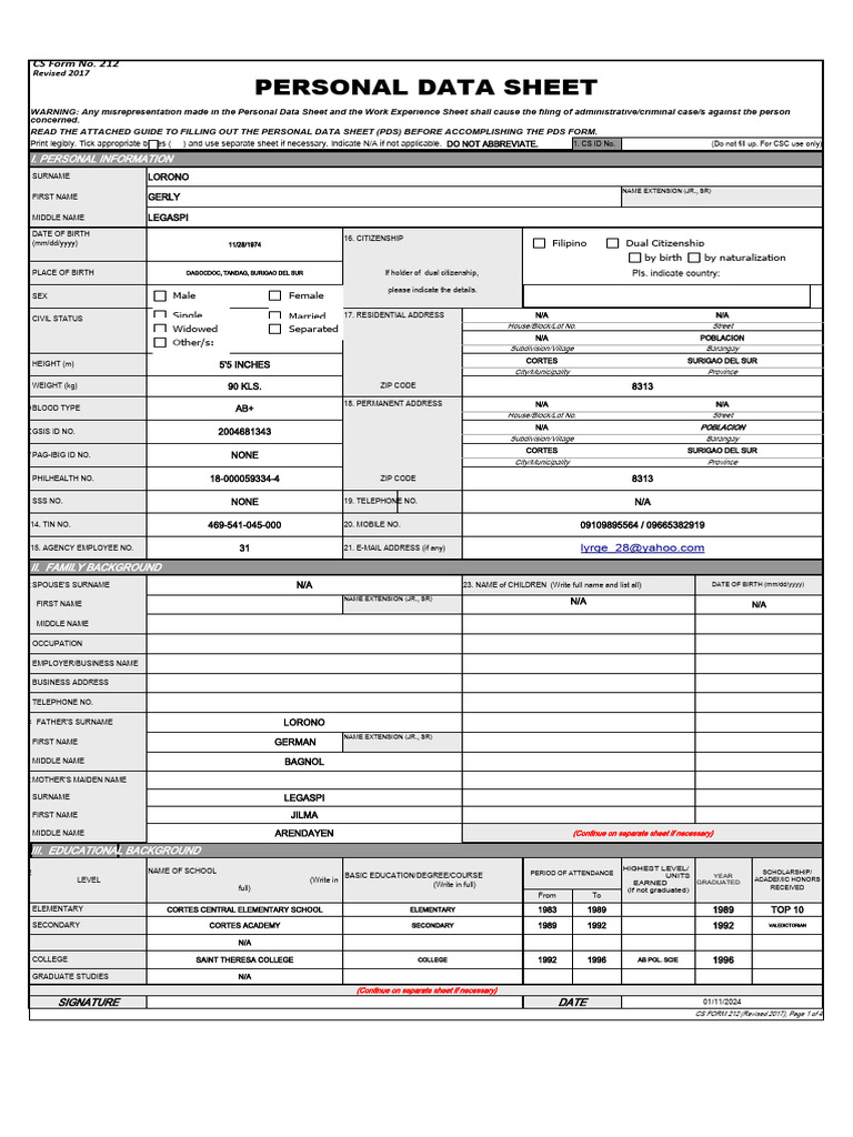 CS Form No. 212 Revised Personal Data Sheet - New | PDF