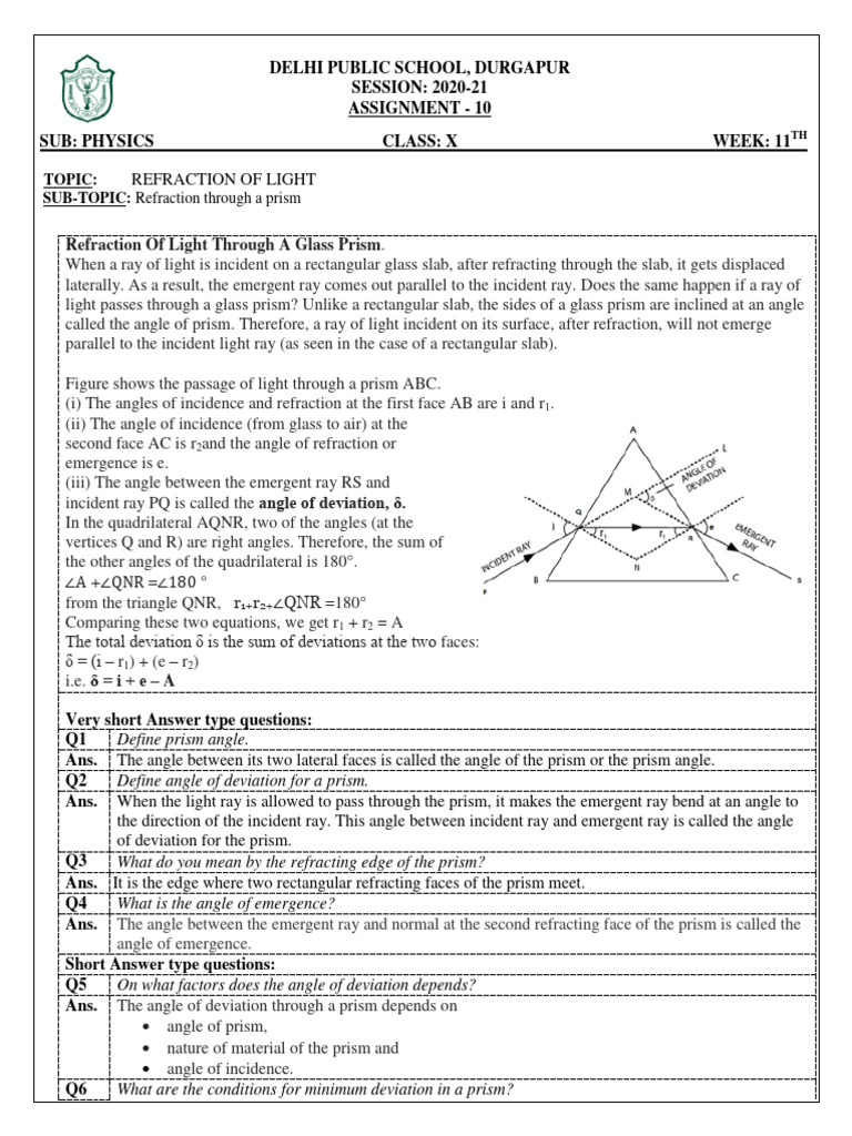Physics Cl10 Assign10 | PDF | Refraction | Refractive Index