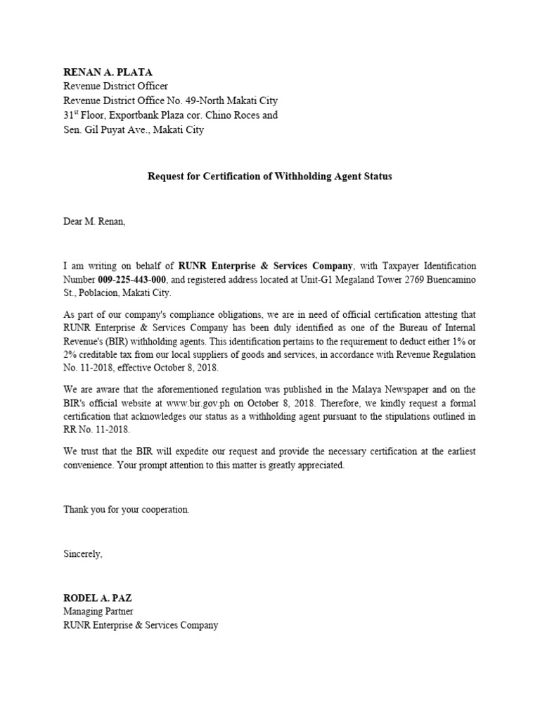 RUNR Request Letter For Certification As TWA | PDF | Law