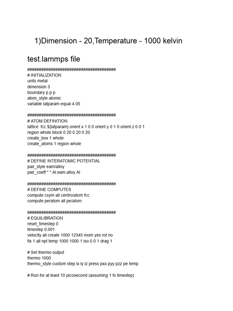 1) Dimension - 20, Temperature - 1000 Kelvin Test - Lammps File ...
