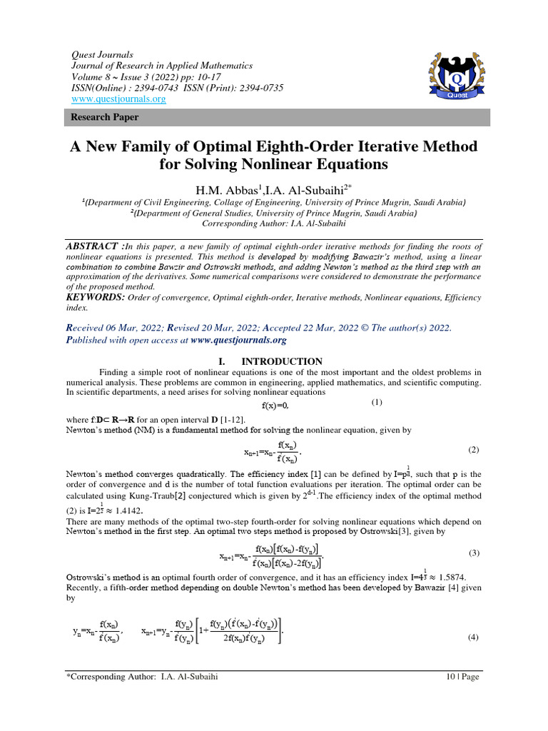 A New Family of Optimal Eighth-Order Iterative Method For Solving Nonlinear Equations | PDF ...