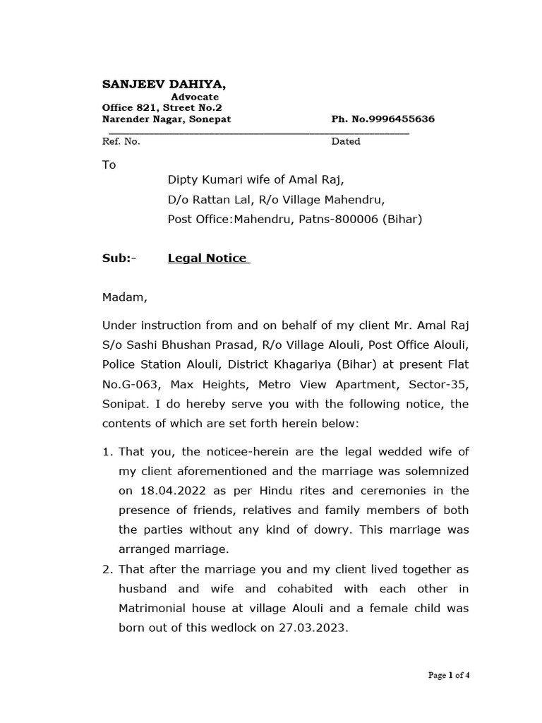 Legal Notice for Matrimonial Dispute | PDF | Marriage | Wife