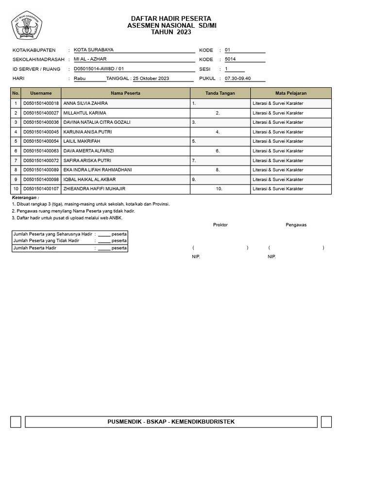 Absen Asesmen Nasional Utama - Tahun 2023 | PDF