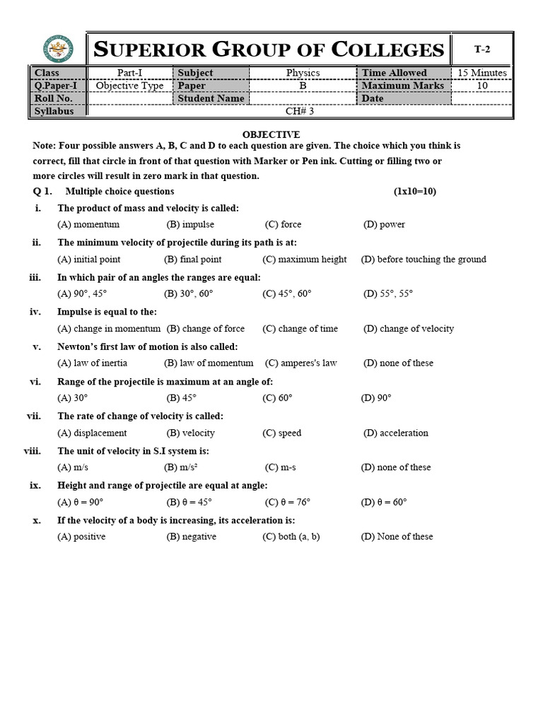 Test Chapter 3 B (Granted) Done | PDF | Velocity | Force