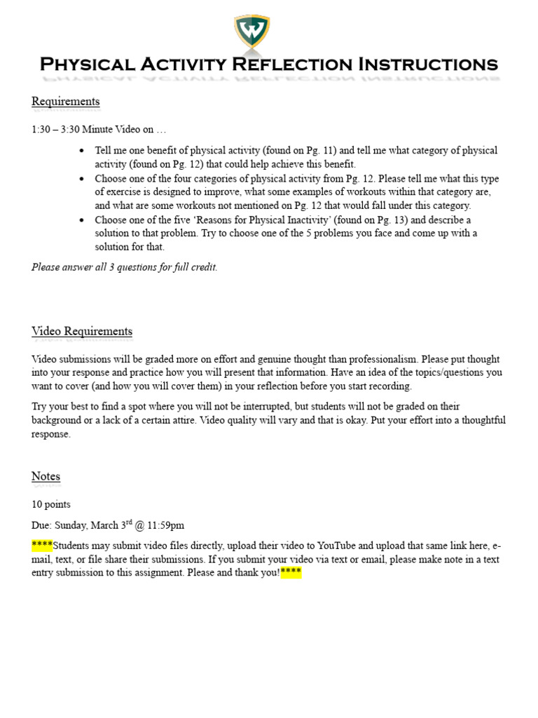 Physical Activity Reflection Instructions | PDF