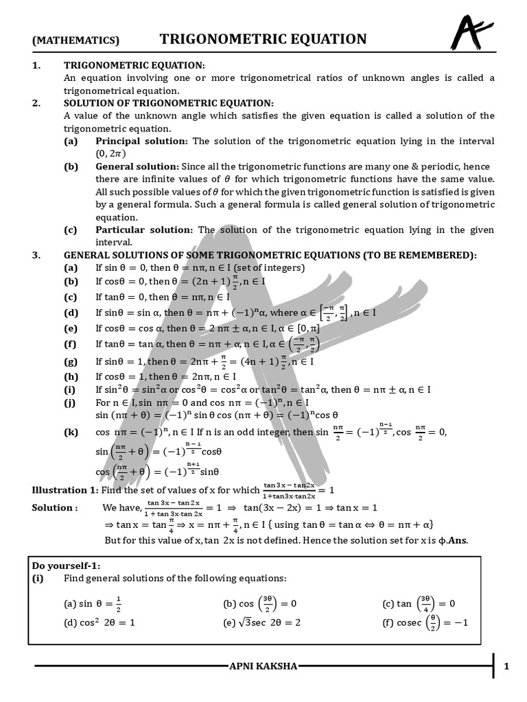Sheet - 01 - Trigonometric Equations | PDF | Trigonometric Functions ...