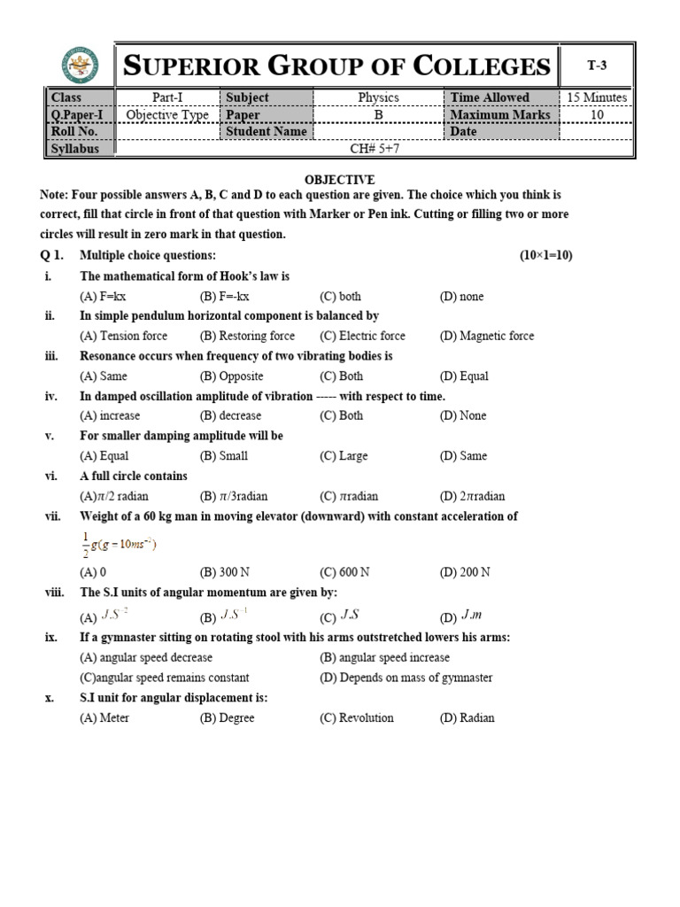 Test Chapter 5+7 B (Topper) Done | PDF | Oscillation | Angular Momentum