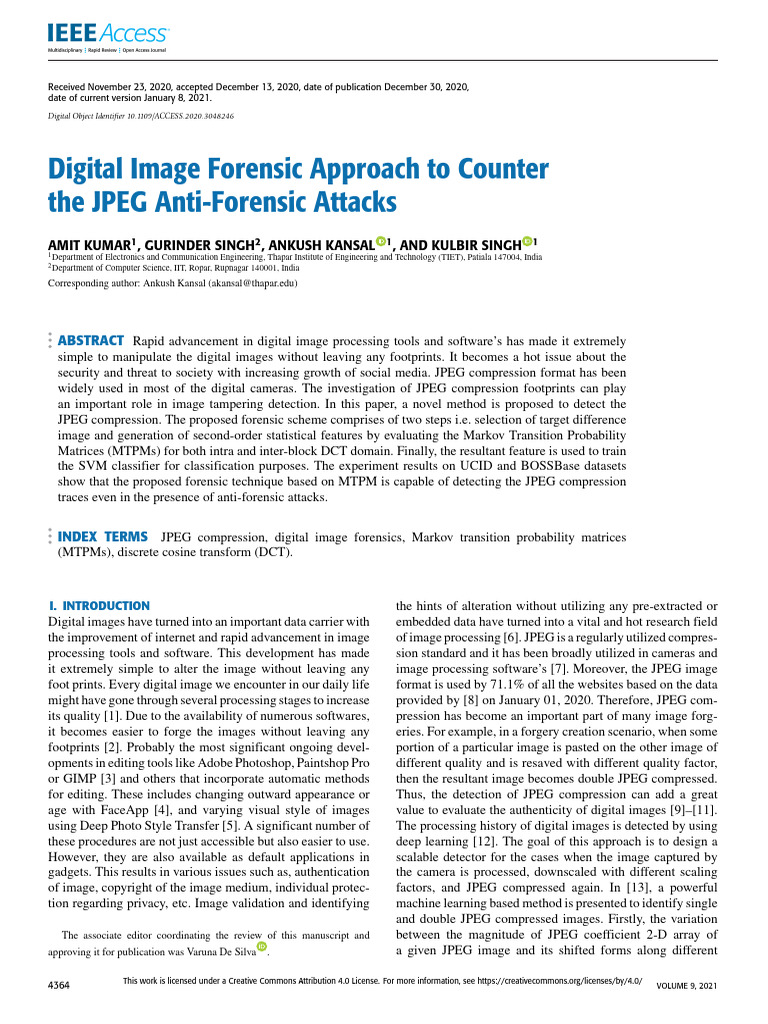 Digital Image Forensic Approach To Counter The JPEG Anti-Forensic Attacks | PDF | Data ...