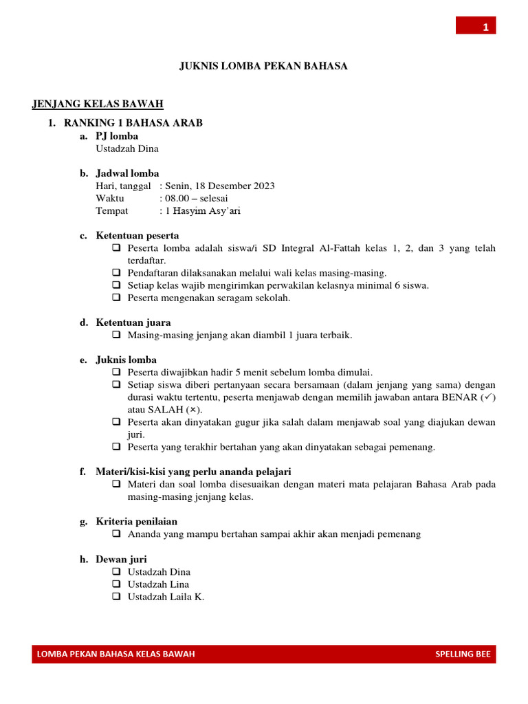 Juknis Lomba Pekan Bahasa - Kelas Bawah | PDF