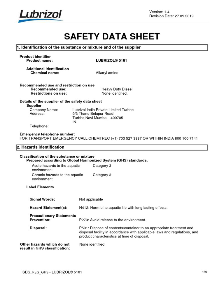 Lubrizol 5161 (SDS) | PDF | Personal Protective Equipment | Physical ...