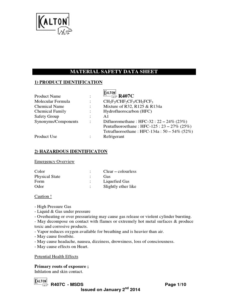 Msds Kalton r407c 1 | PDF