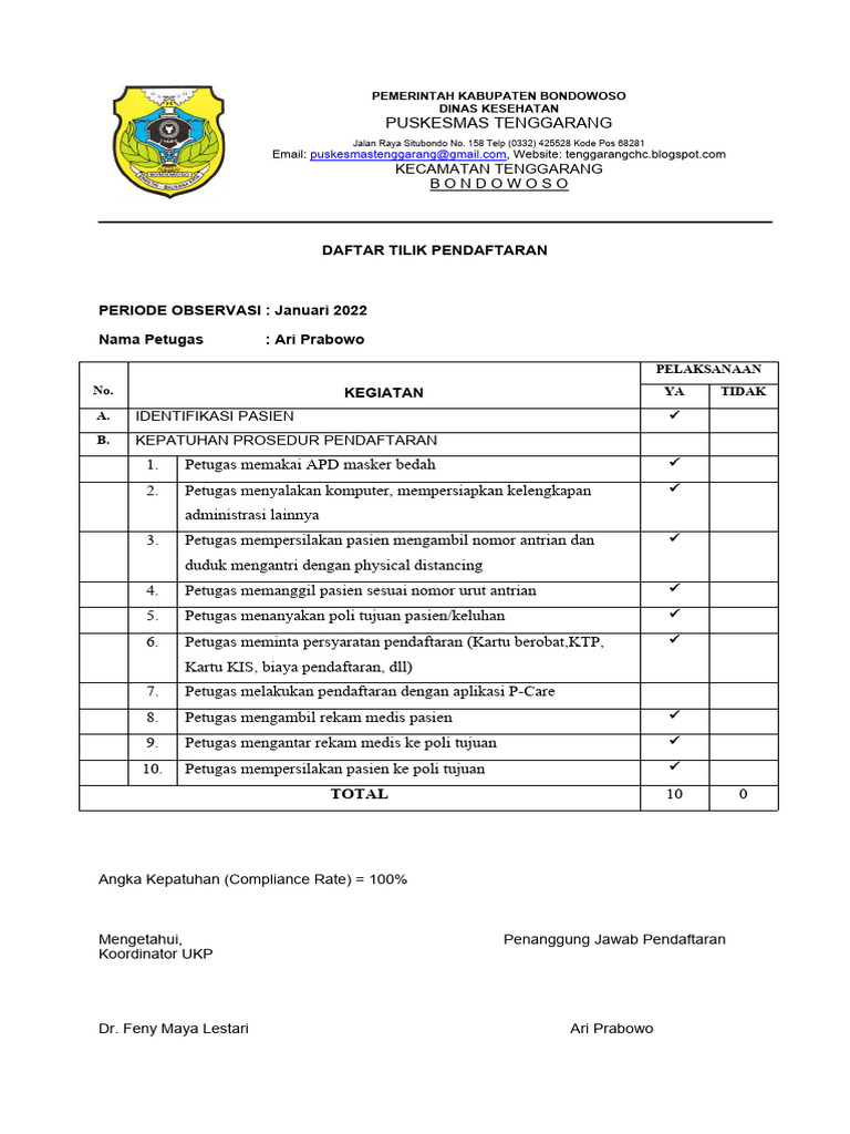 Daftar Tilik Pendaftaran Puskesmas 2022 | PDF