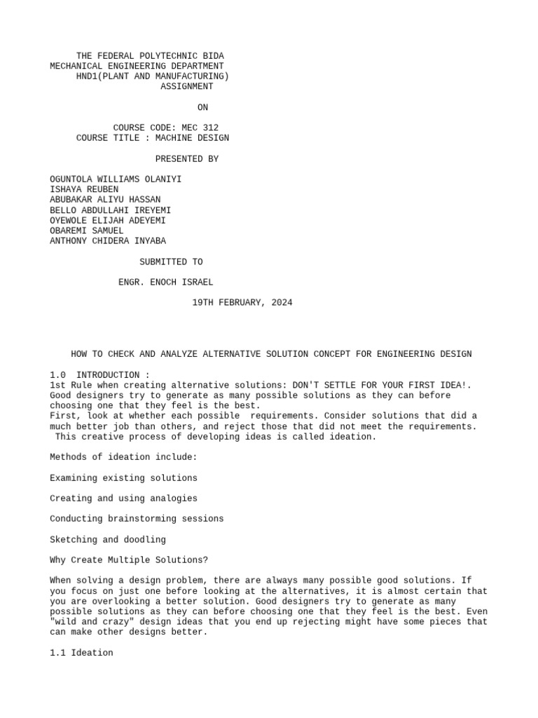 Alternative Solutions Concept of Engineering Design | PDF