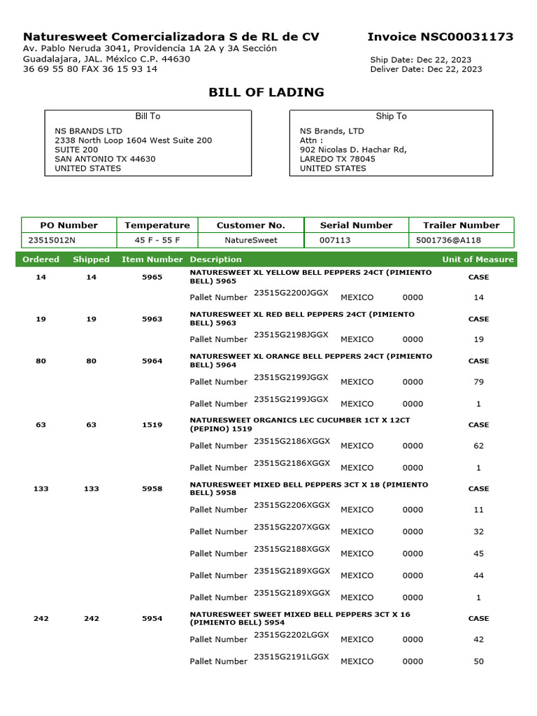 Bill of Lading: Naturesweet Comercializadora S de RL de CV Invoice ...