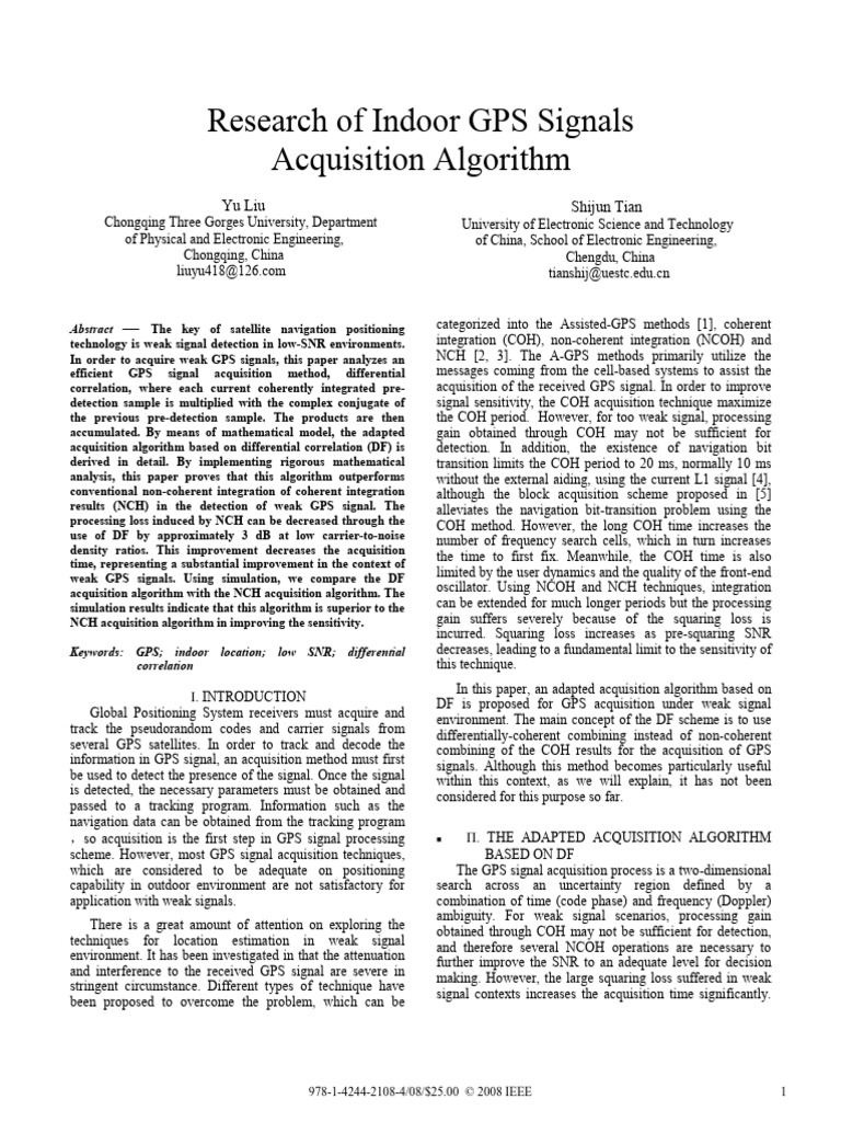 Research of Indoor GPS Signals Acquisition Algorithm: Yu Liu Shijun ...