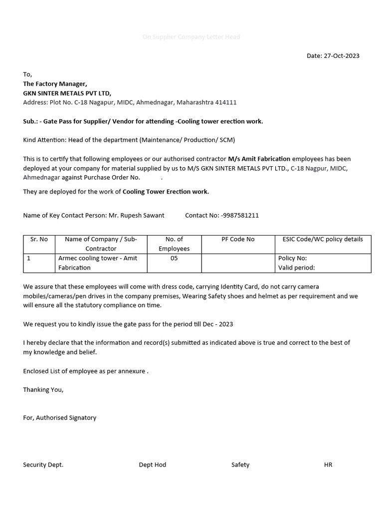 Gate Entry Pass Format For Vendor Supplier | PDF | Technology & Engineering