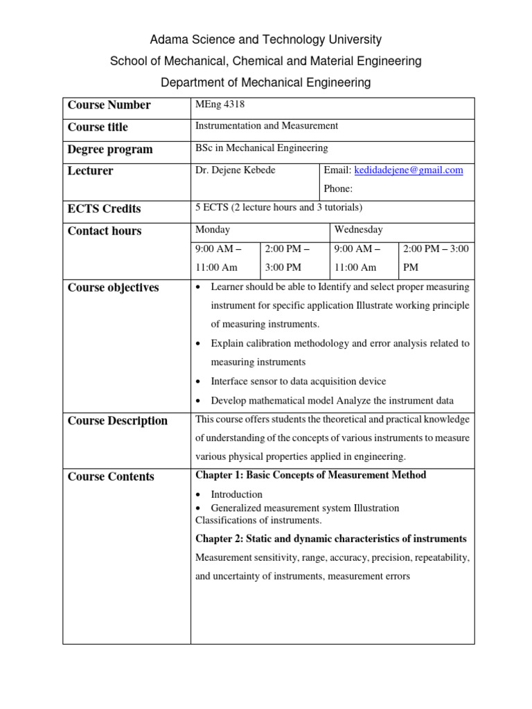 Course Outline at ASTU Modified | PDF | Mechanical Engineering | Engineering