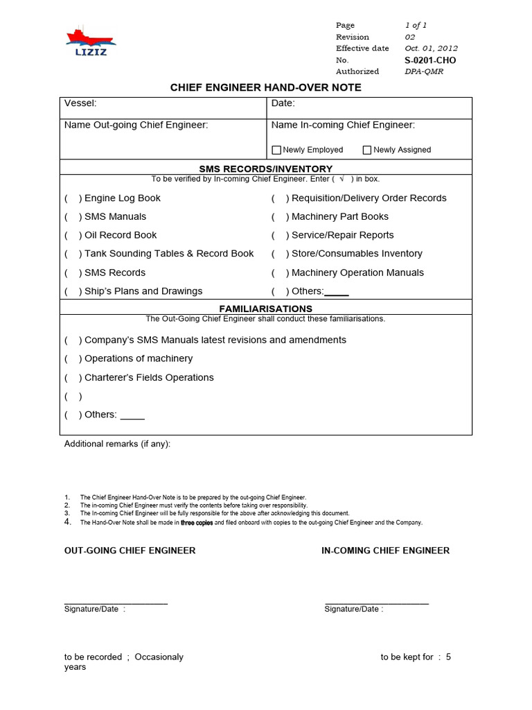 S - 0201 - CHO (02) Chief Engineer Hand Over Note | PDF | Water ...