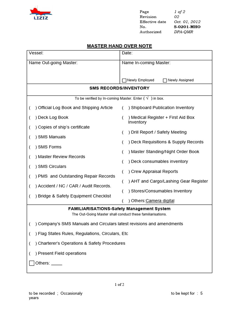 S - 0201 - MHO (02) Master Hand Over Note | Download Free PDF ...