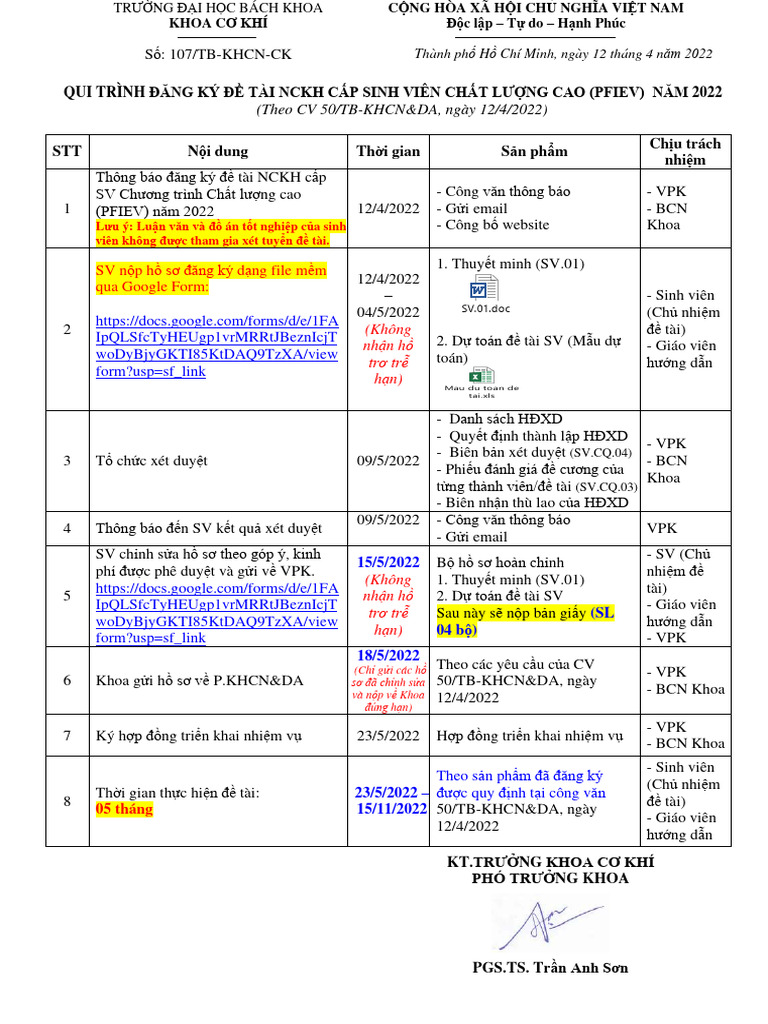 2022.04.12 - Quy Trinh Dang Ky de Tai KHCN SV PFIEV 2022 | PDF