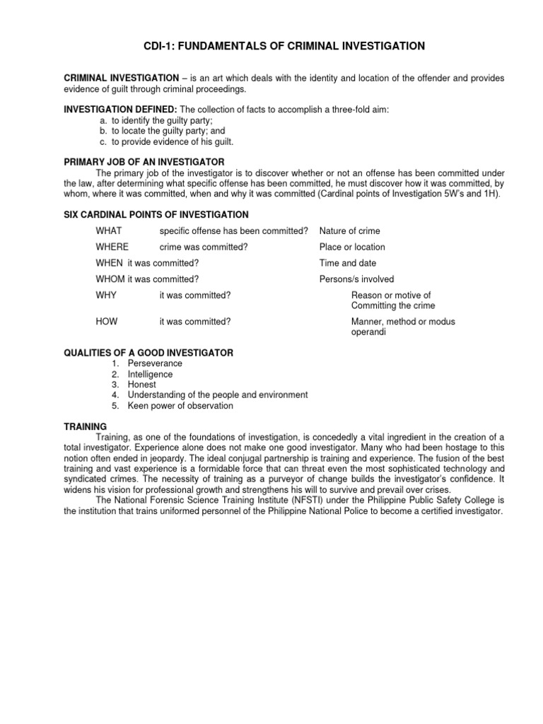 Cdi-1: Fundamentals of Criminal Investigation | PDF | Crime Scene | Confession (Law)